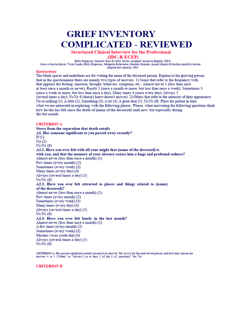 Grief Inventory for Complicated Loss | PDF | Grief | Subjective Experience