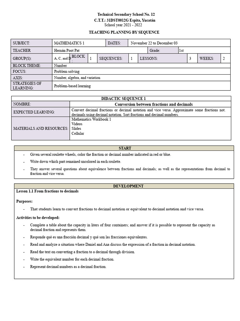 S1_Conversion Plan between fractions and decimals_Math 1 | PDF ...