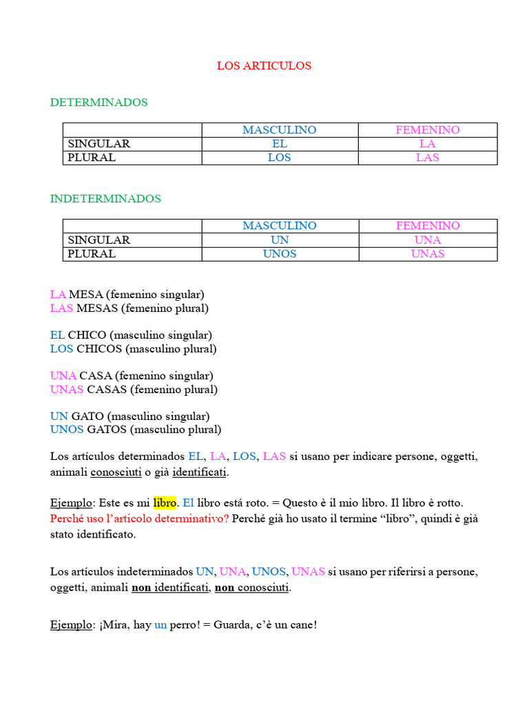 Artículos en español: Uso y ejemplos | PDF