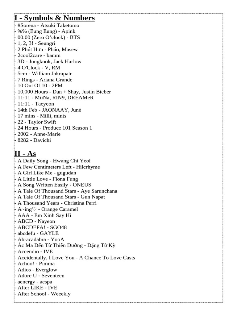 Song Titles Organized by Letters | PDF | Sound Recording | Pop Music