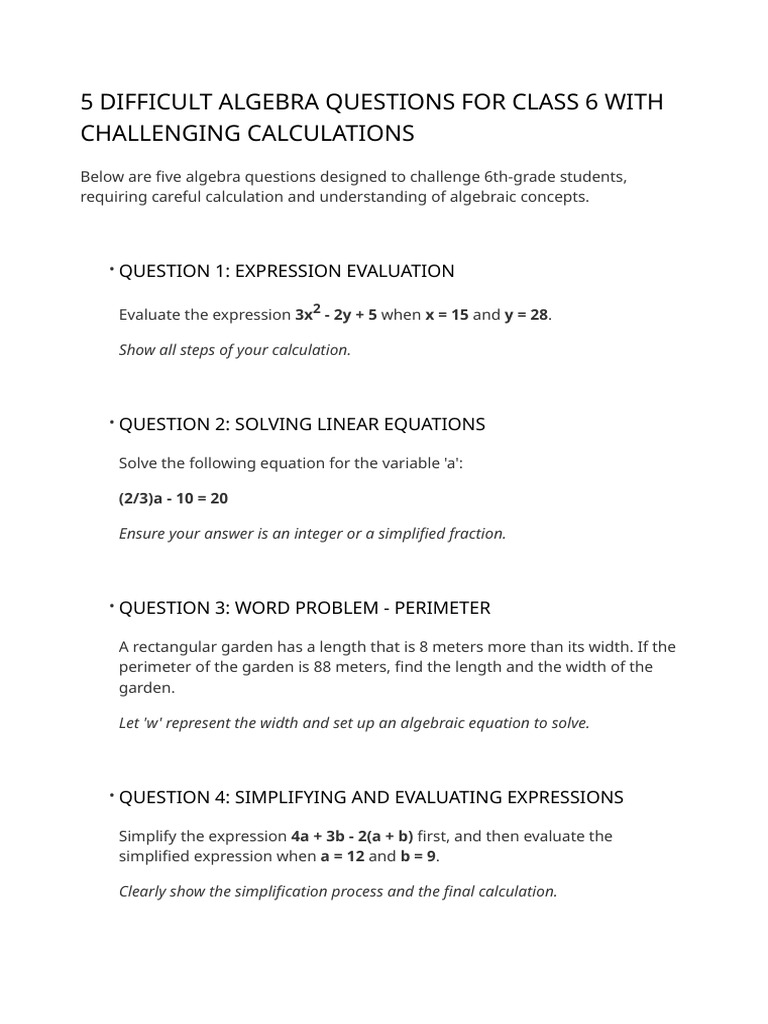 Challenging Algebra Questions for 6th Grade | PDF