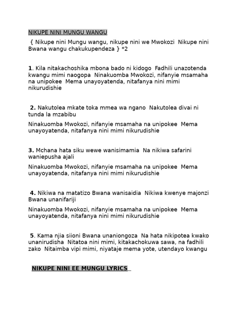 Nikupe Mini Mungu Wangu Lyrics | PDF