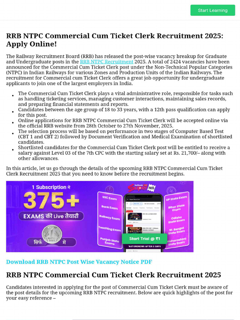 RRB NTPC Commercial Cum Ticket Clerk Recruitment 2025 - Apply Online! | PDF