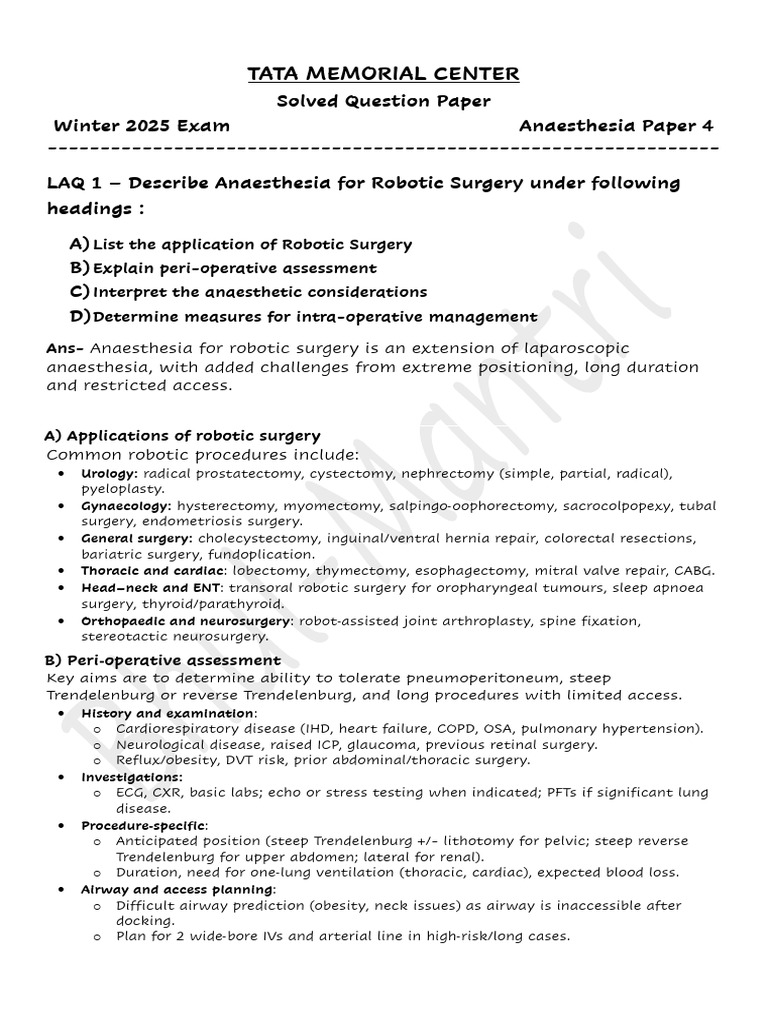 Anaesthesia for Robotic Surgery Exam Guide | PDF | Cardiopulmonary ...