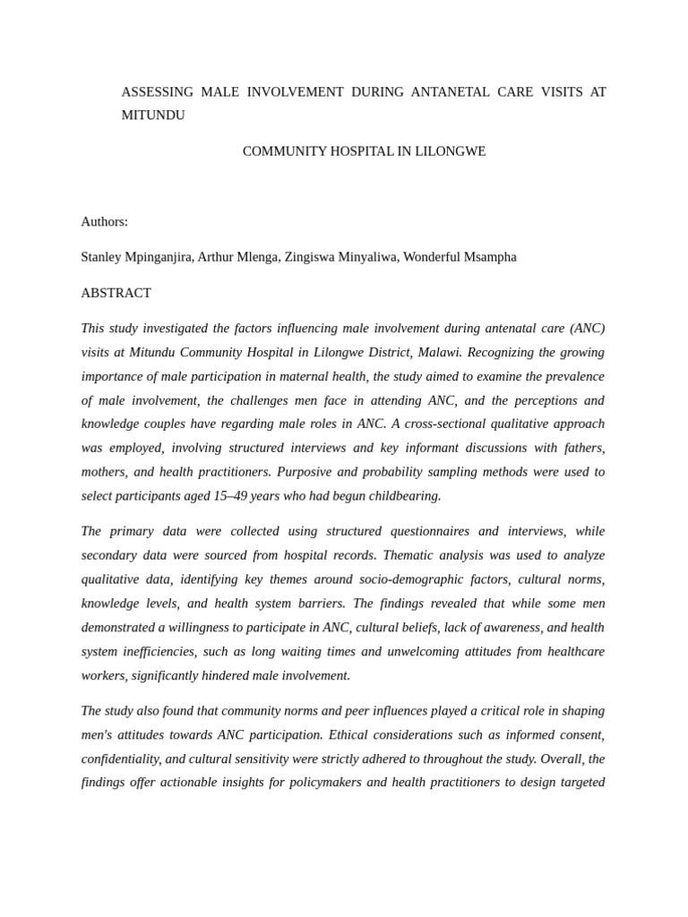 Abstract For Male Involvement During Antanetal Care Visits at Mitundu | PDF