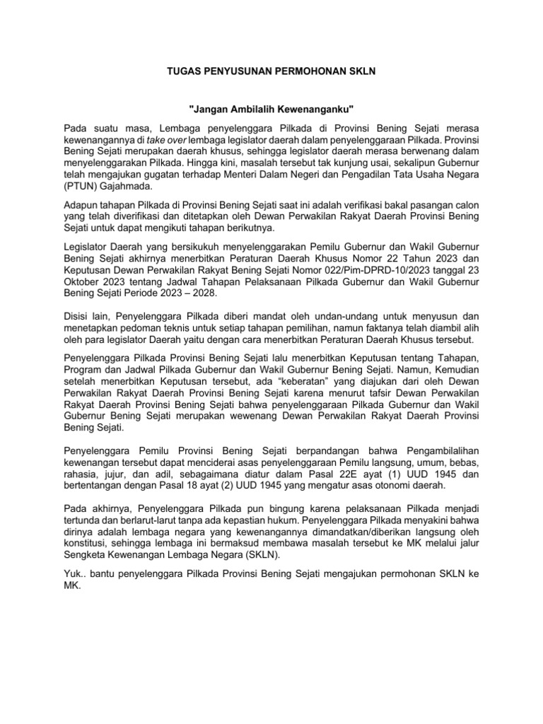 Permohonan SKLN Pilkada Bening Sejati | PDF