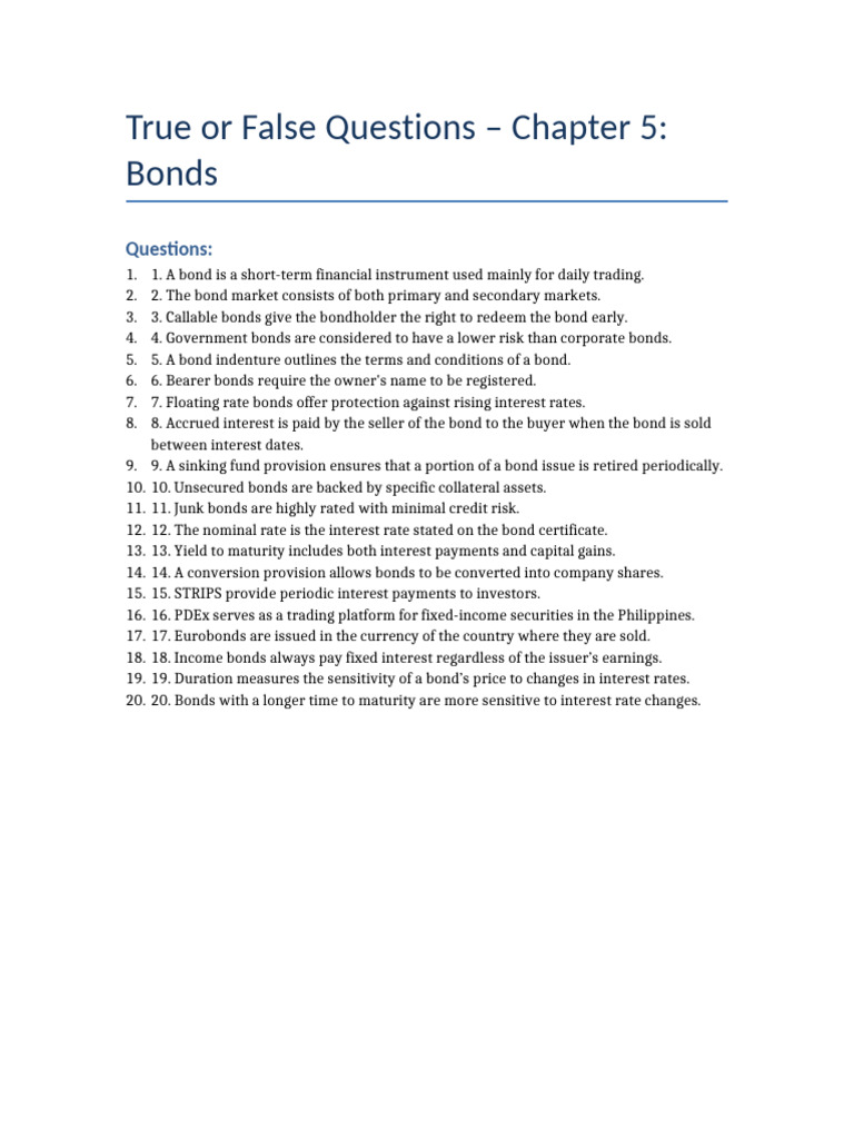 True or False Questions Bond Chapter5 | PDF