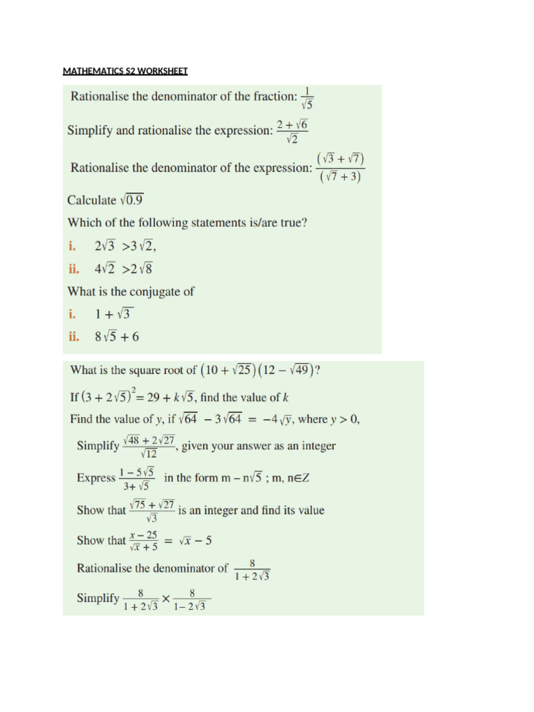 Mathematics s2 Worksheet | PDF