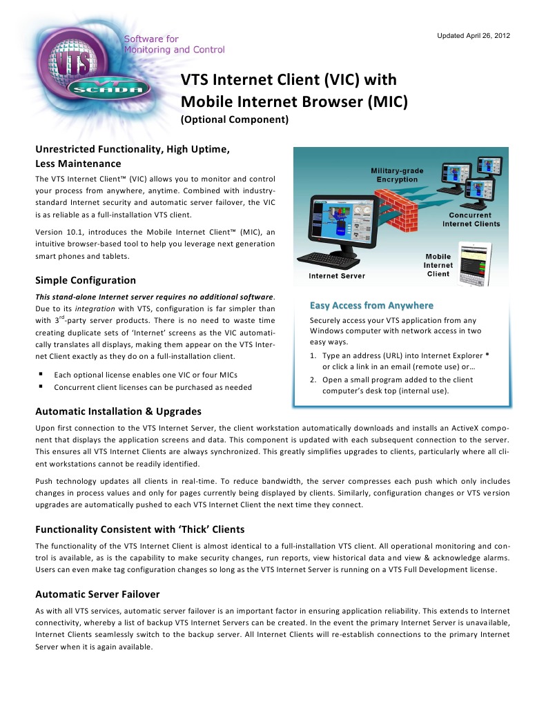 Datasheet VTS / VTScada - Internet Client (VIC) With Mobile Internet Browser (MIC) | PDF ...
