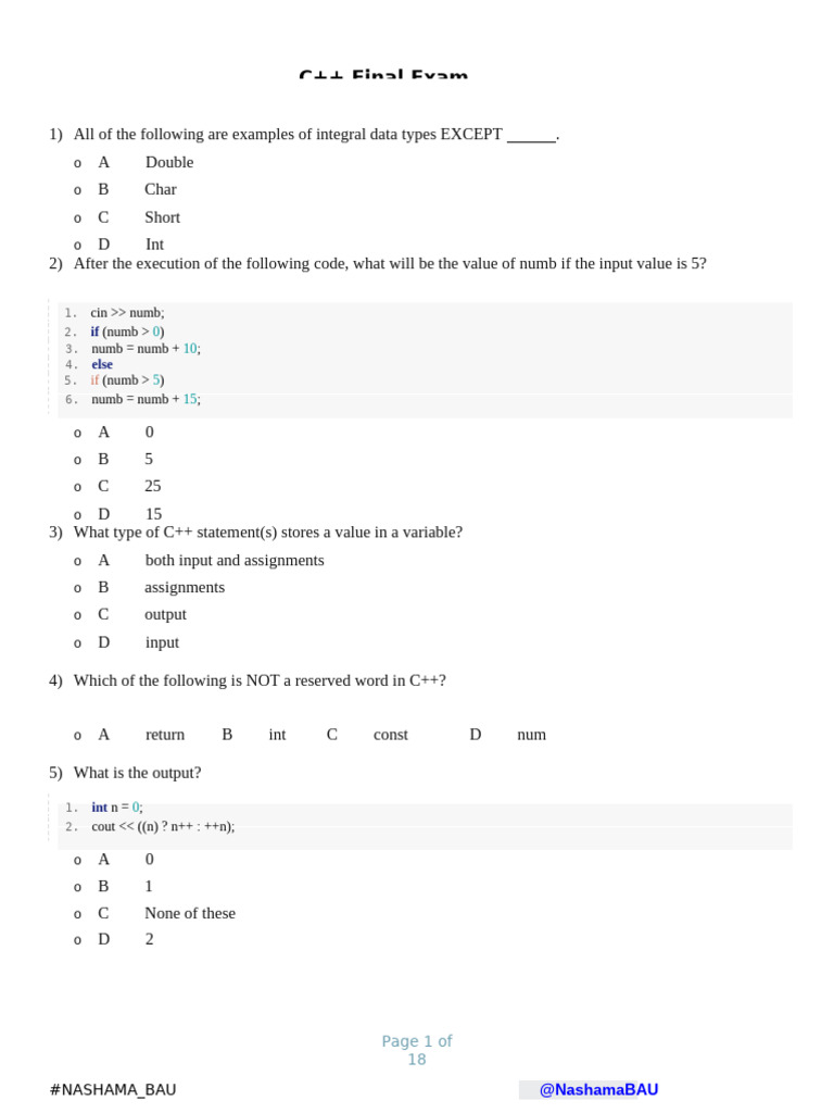 C++ Final Exam | PDF | C++ | Object Oriented Programming