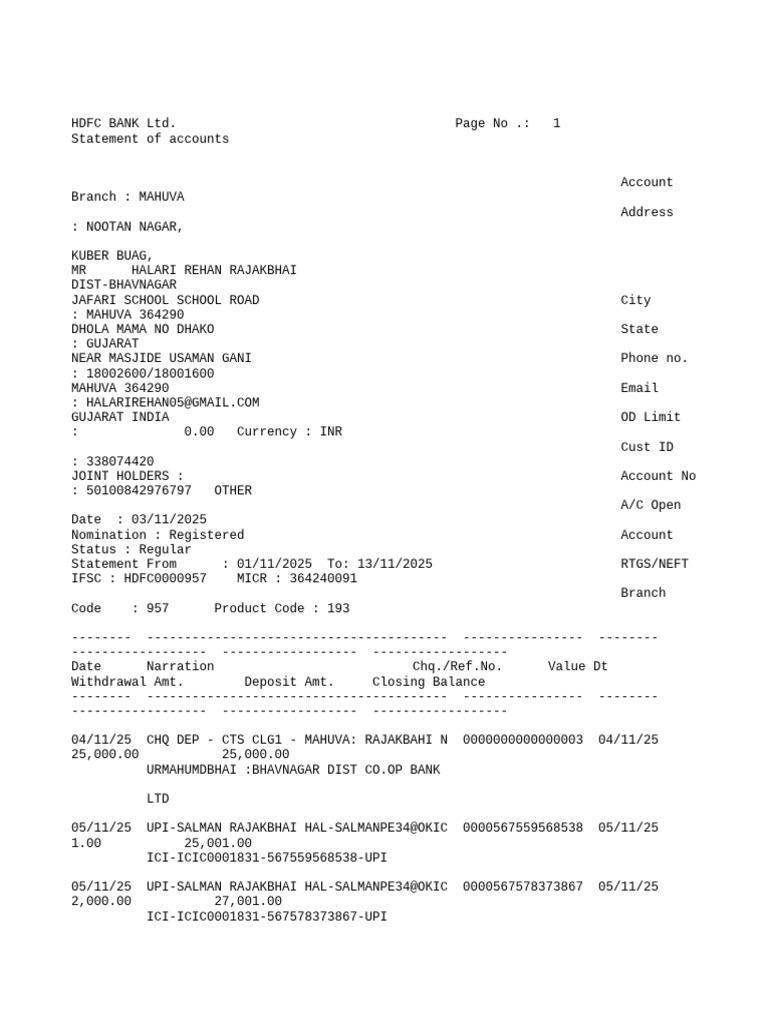 Acct Statement XX6797 13112025 | PDF | Financial Services | Banking