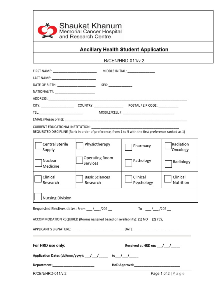 Ancillary Health Student Application Form | PDF | Health Care