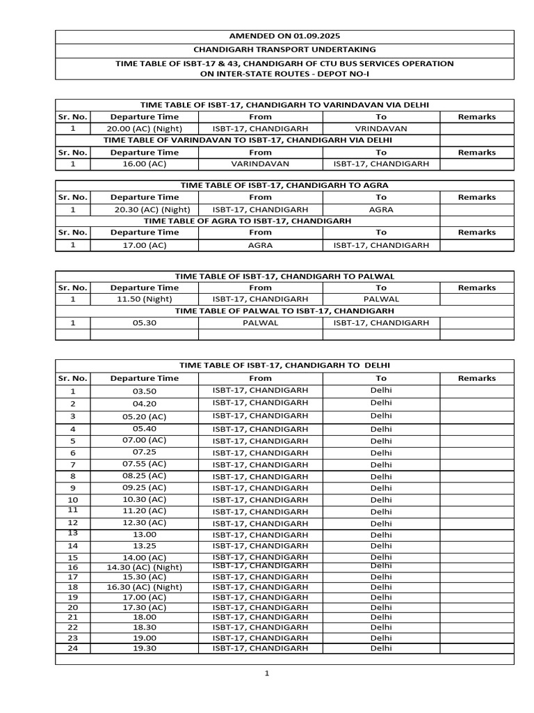 Chandigarh CTU Bus Timetable 2025 | PDF | Bus Transport | Punjab