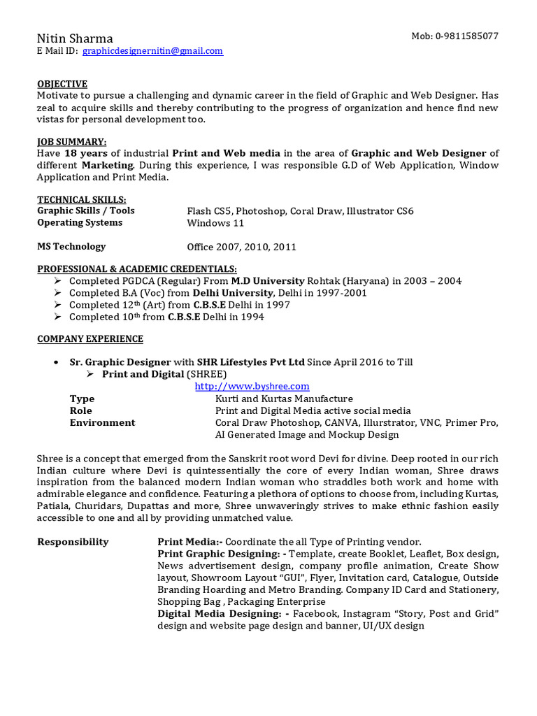 Graphic Designer Resume of Nitin Sharma | PDF | Graphic Design | Page ...