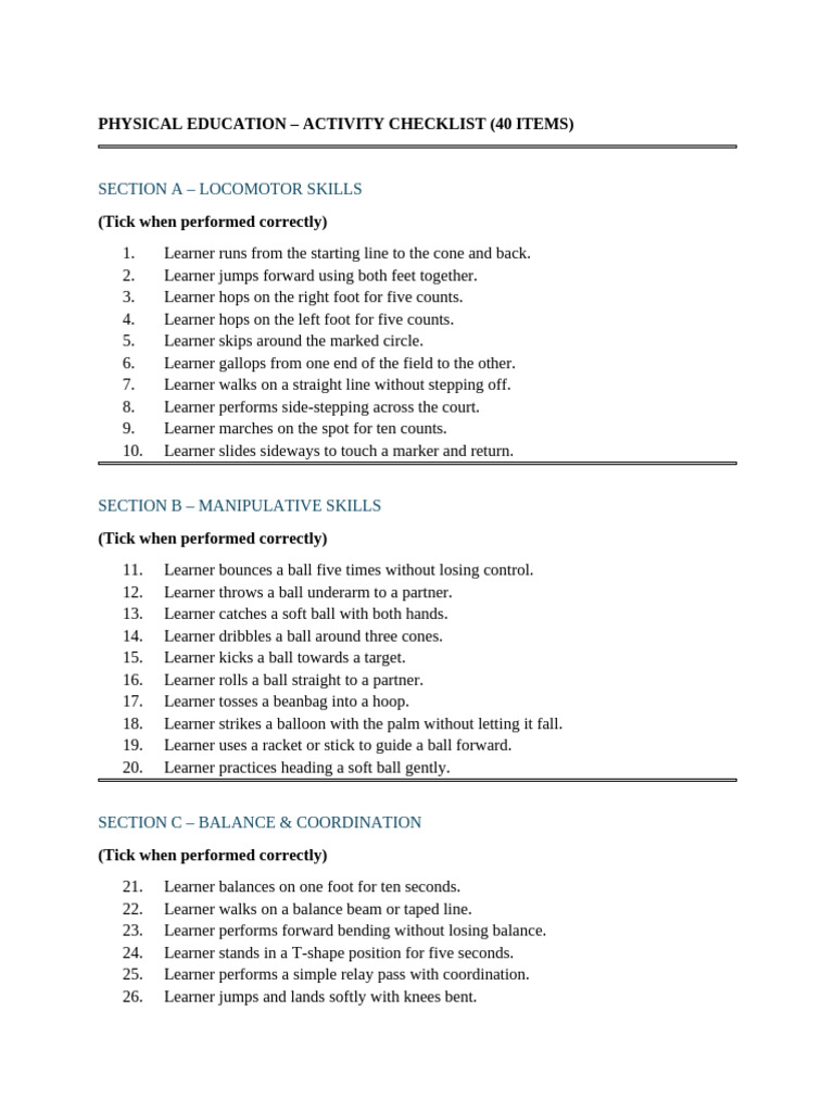 Physical Education Activity Checklist | PDF