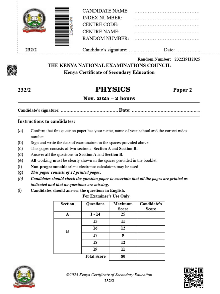 KCSE 2025 Physics Paper 2 Exam Guide | PDF | Photoelectric Effect ...
