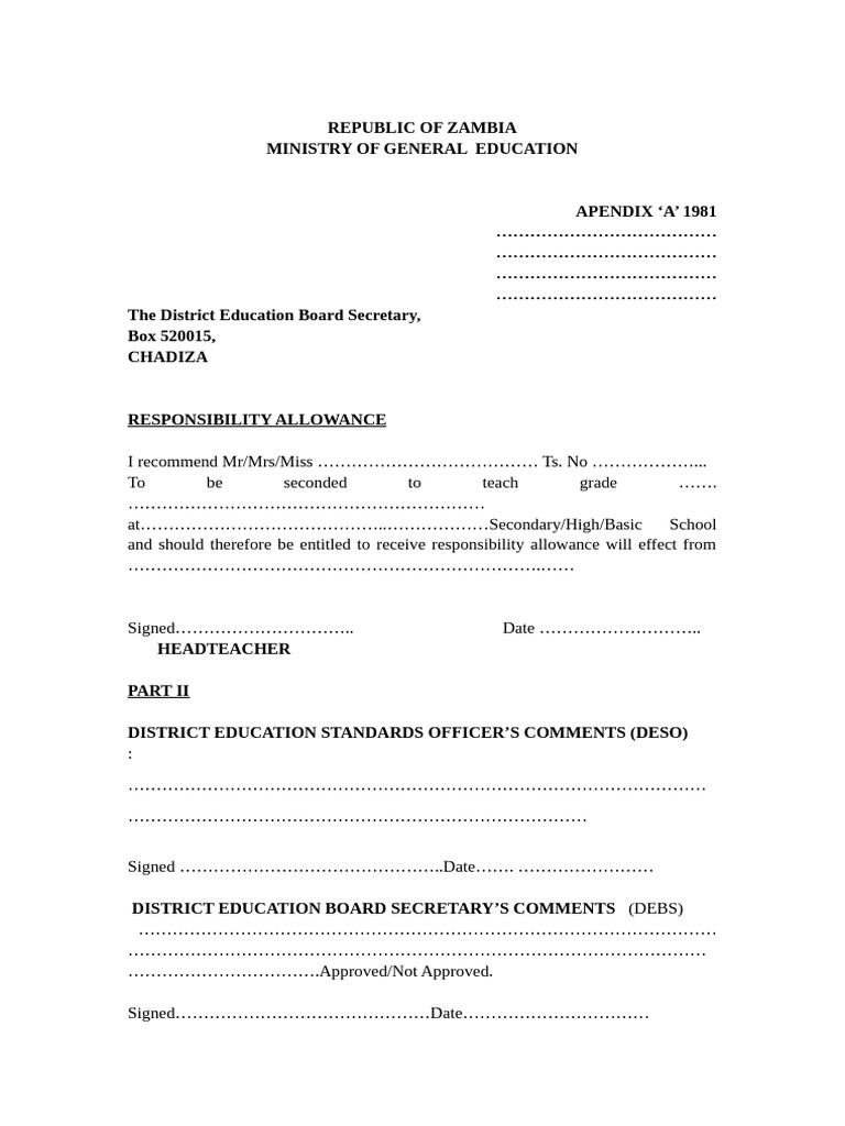 Zambia Education Allowance Application Form | PDF | Government | Justice