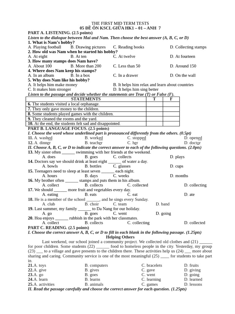 05 Đề Ôn Kscl Giữa Hk1 - 01 - Anh 7 | PDF | Sleep