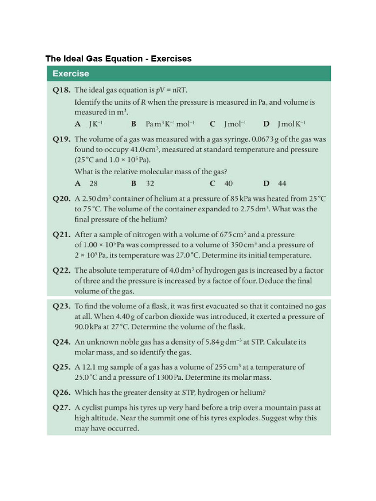The Ideal Gas Equation - Exercises | PDF