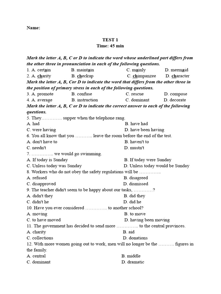 English Pronunciation and Grammar Test | PDF | School Meal