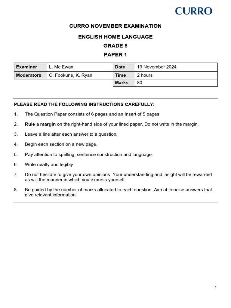 Grade 8 English Exam Paper 1 | PDF | Poetry | Language Mechanics