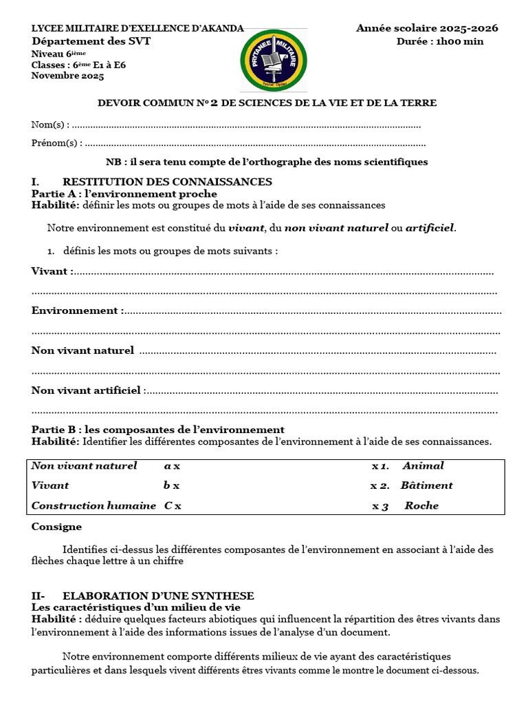 Devoir commun SVT 6ème : Environnement et Milieux | PDF | Environnement ...