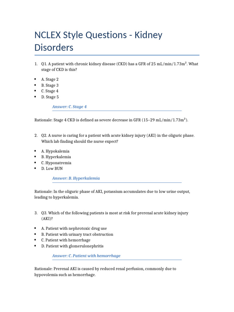 NCLEX Questions on Kidney Disorders | PDF | Chronic Kidney Disease | Kidney
