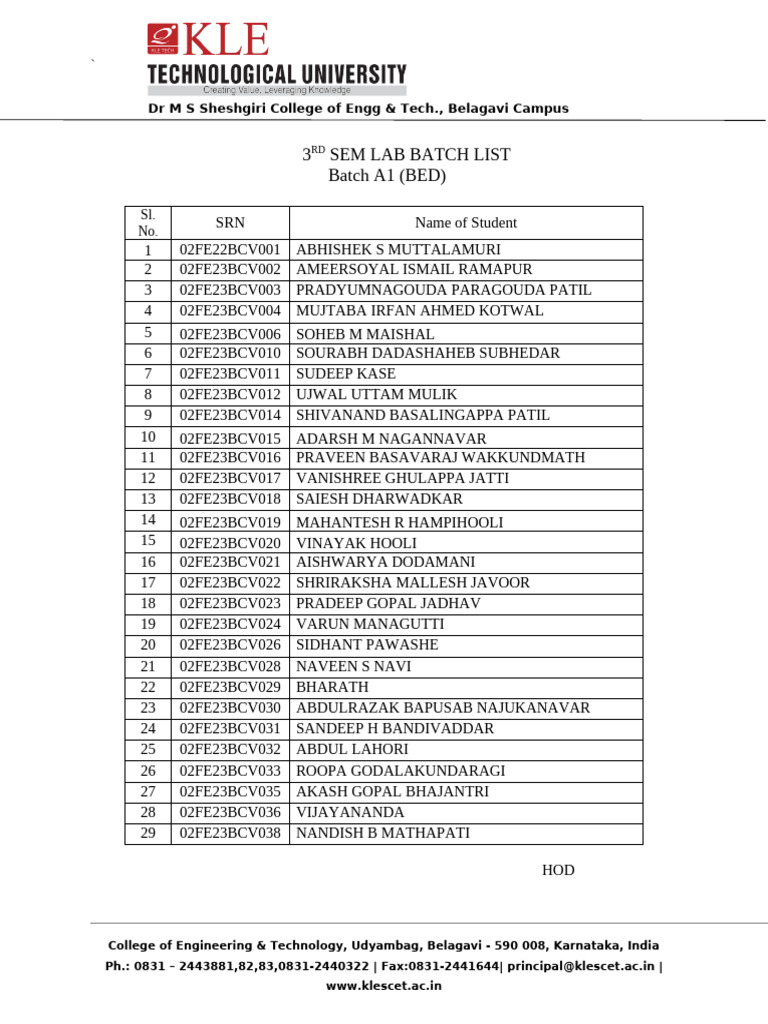 3rd Sem Lab Batch List - 24 | PDF