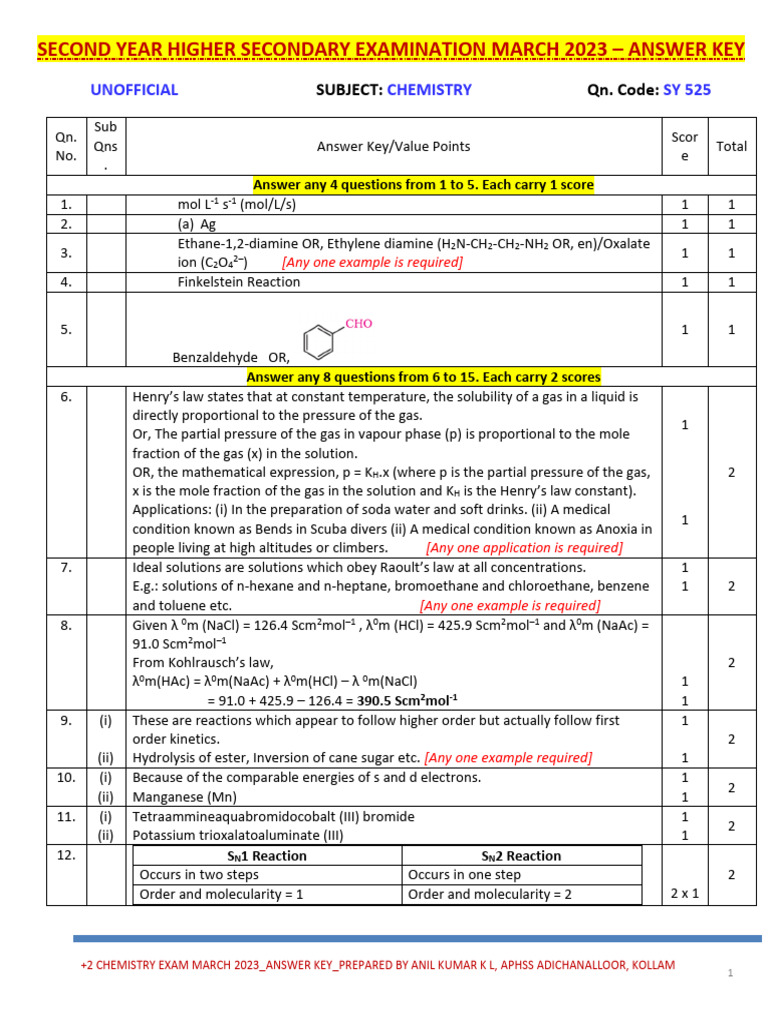 Plus Two Chemistry Answer Key 2023 by Anil Sir | PDF | Chemistry ...