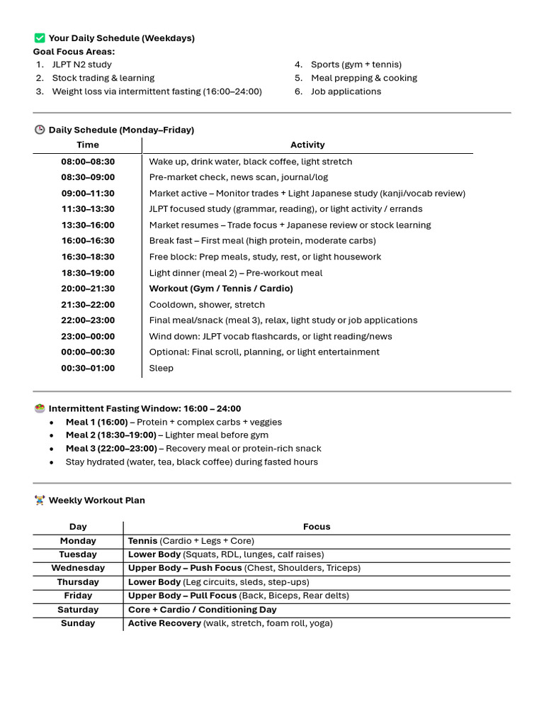 Weekday Schedule for Study and Fitness | PDF