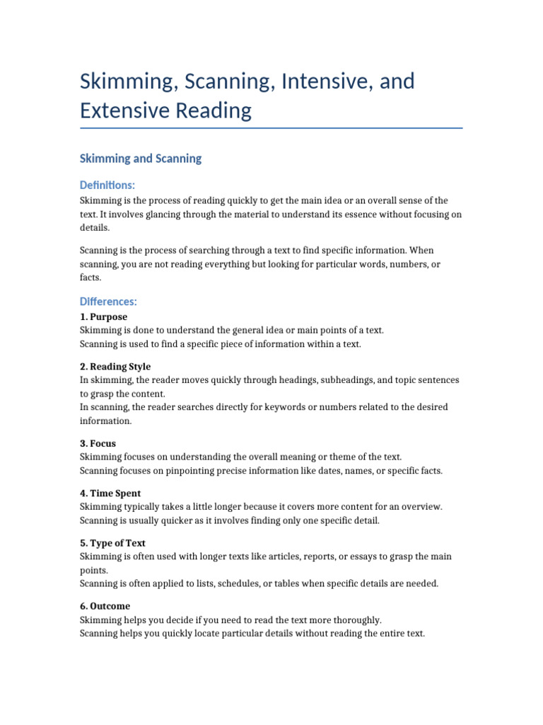 Skimming Scanning Intensive Extensive Reading Revised | PDF | Reading ...