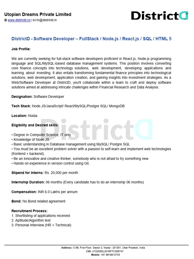 Full-Stack Developer Internship at DistrictD | PDF | Web Development | Computing