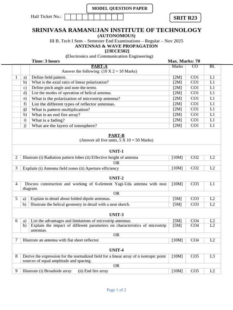 Awp Model Question Paper 5 - Srit r23 | PDF | Antenna (Radio ...