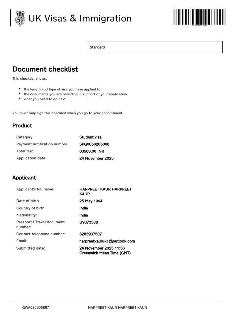 Harpreet Kaur Harpreet Kaur 2025-11!24!11-36 Checklist | PDF | Travel Visa | Debit Card