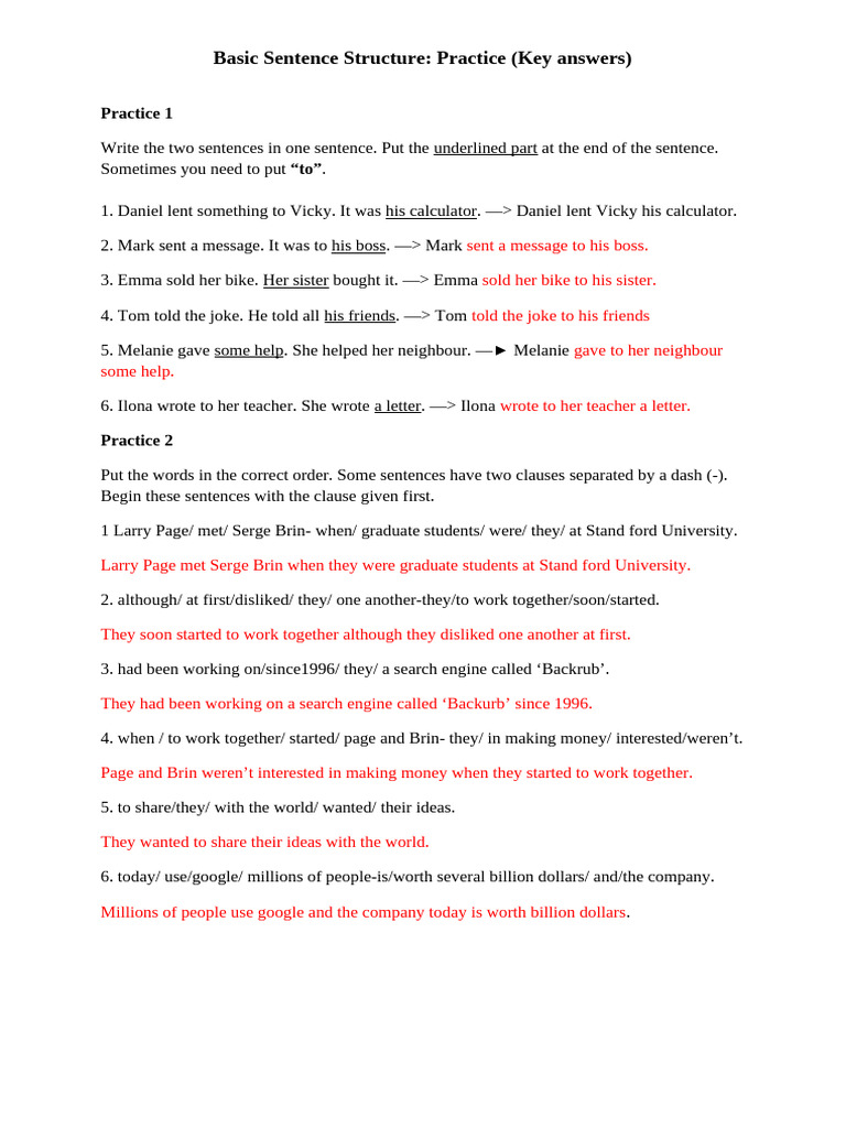 Basic Sentence Structure Practice Answers | PDF