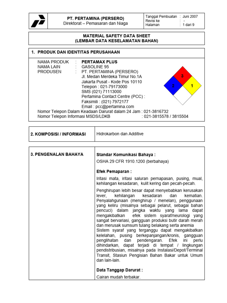 MSDS PERTAMAX PLUS: Bahaya & Penanganan | PDF