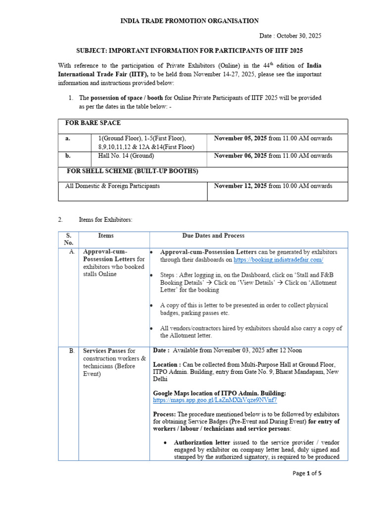 IITF 2025 - Important Information For Exhibitors Regarding Possession ...
