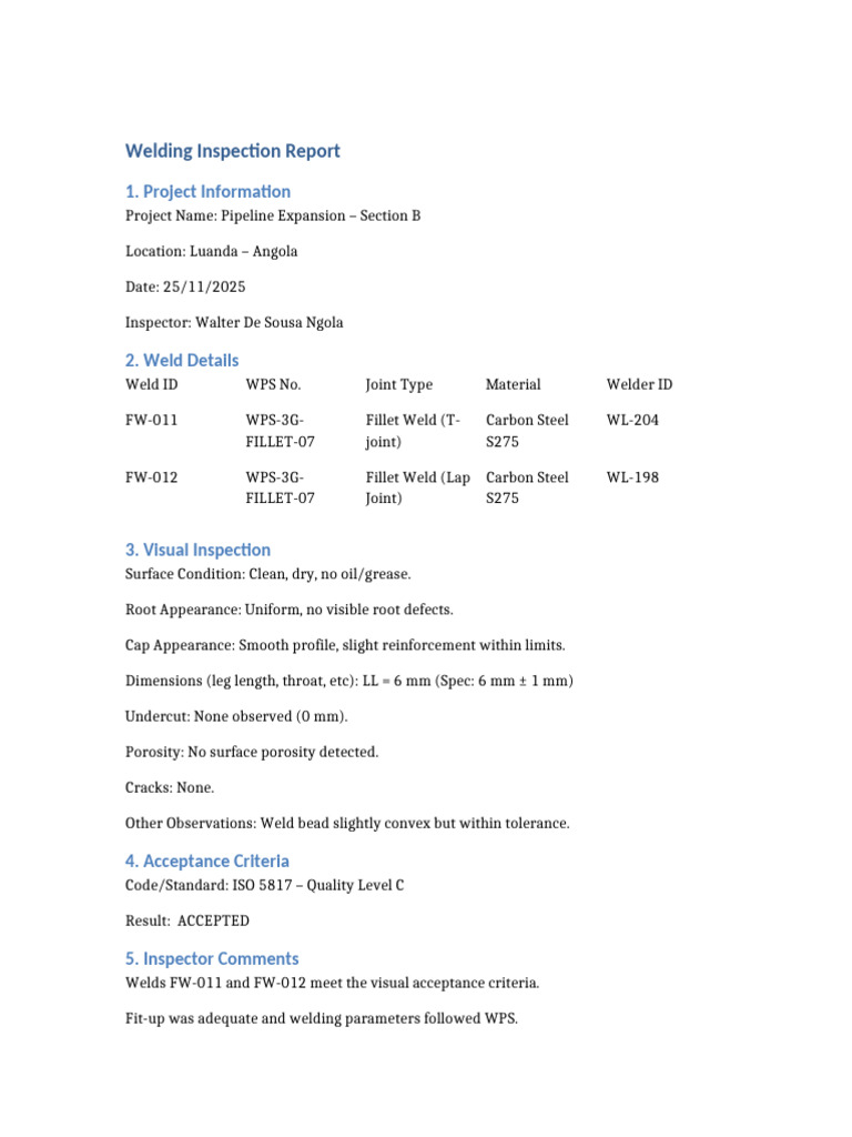Welding Inspection Report Filled | PDF