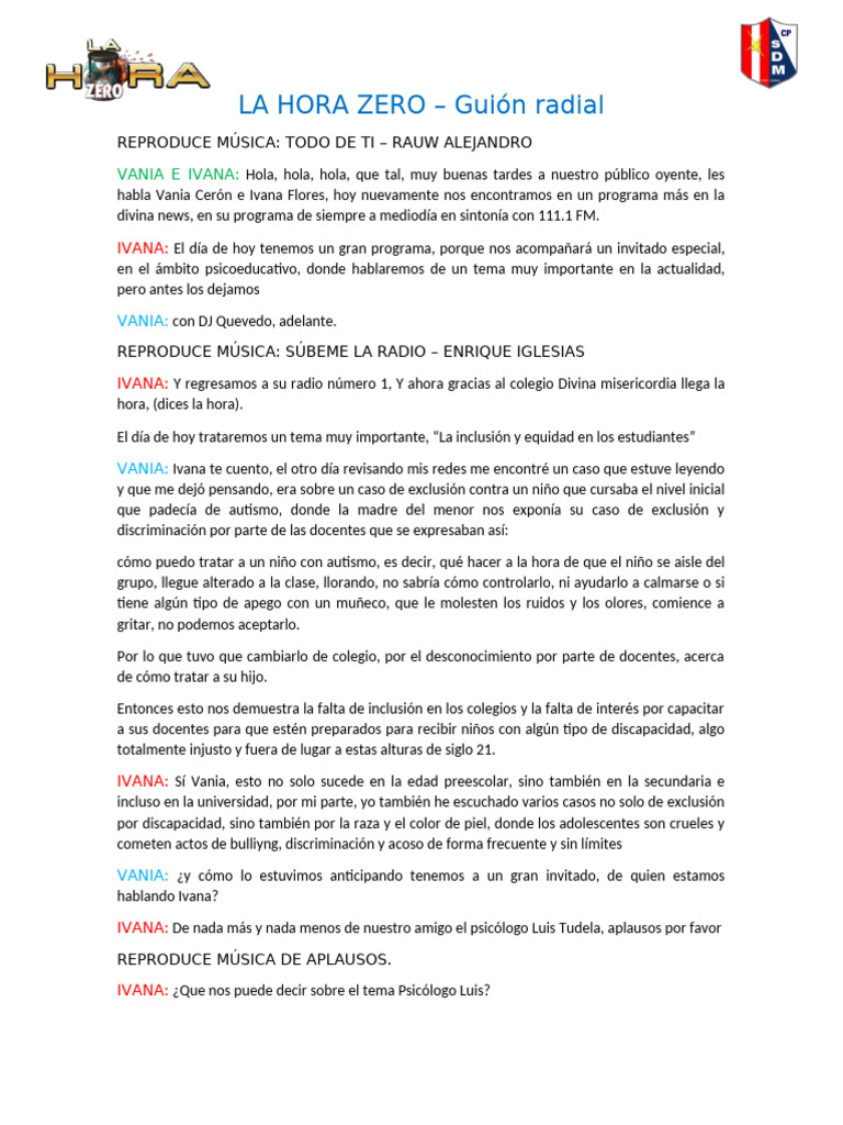 Guión Radial, LA HORA ZERO | PDF | Inclusión (Educación) | Invalidez