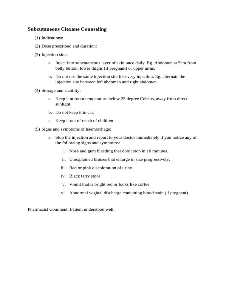 Clexane Injection Counseling Guide | PDF