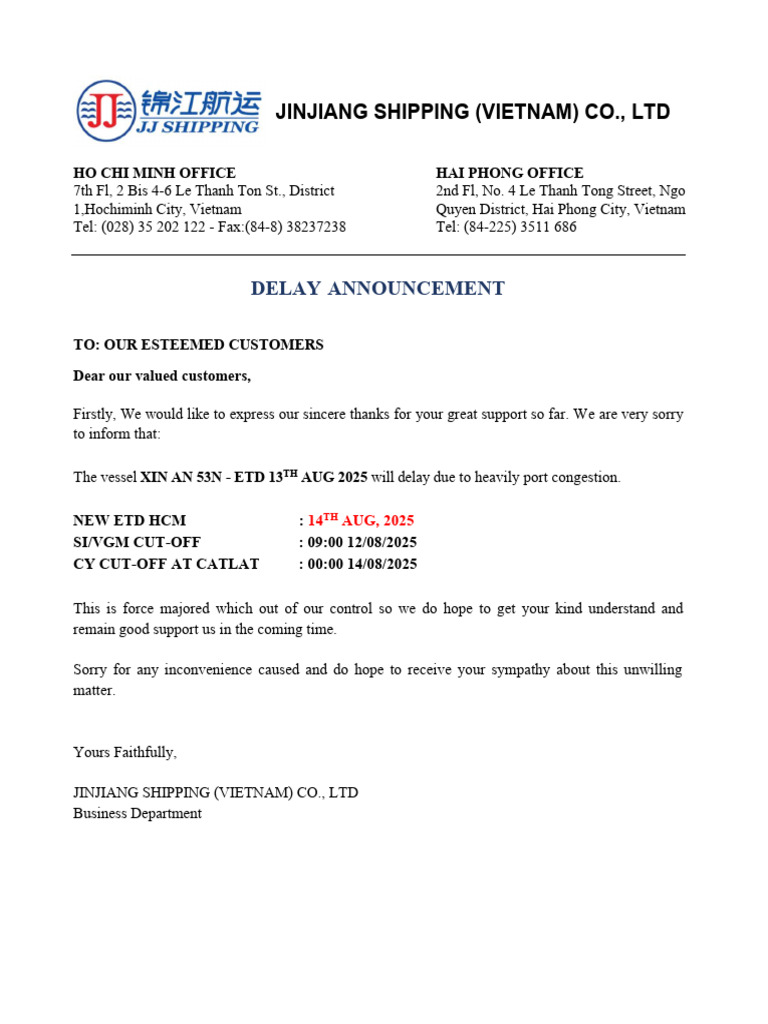 0356m Delay Notice - Xin An 53n - Etd 14.8 | PDF