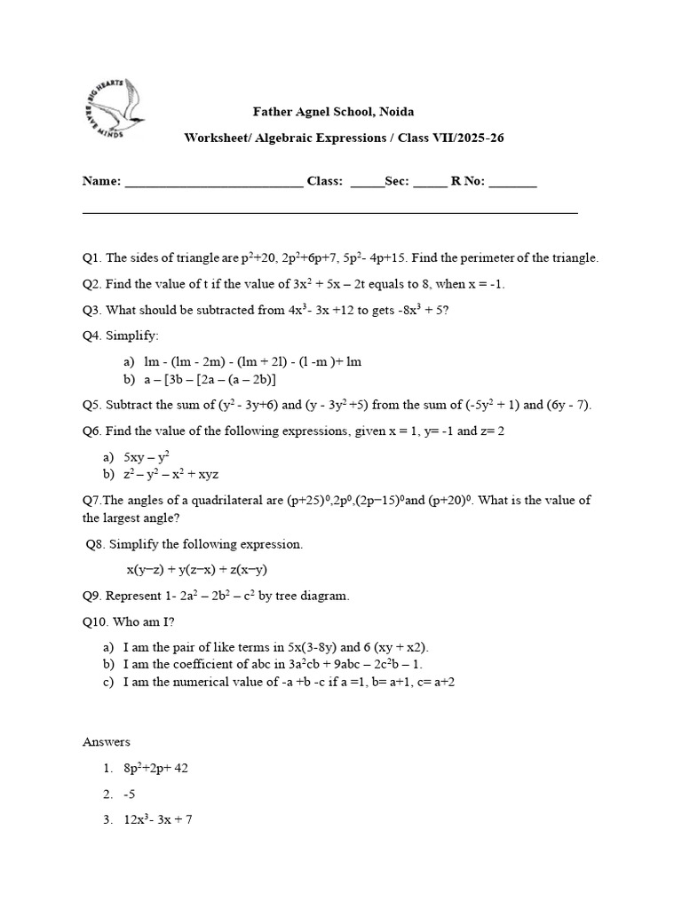 Algebraic Expressions Worksheet Class VII | PDF