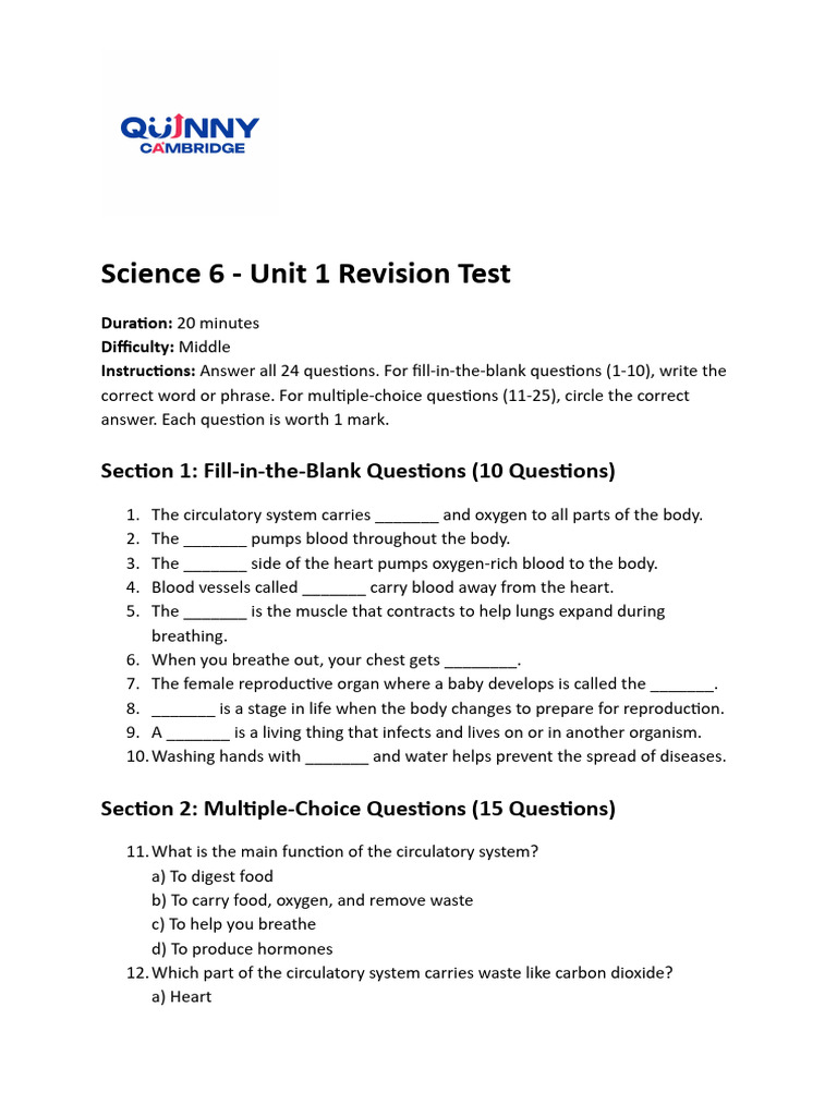 Science 6 Unit 1 - Revision Test | PDF | Blood | Circulatory System