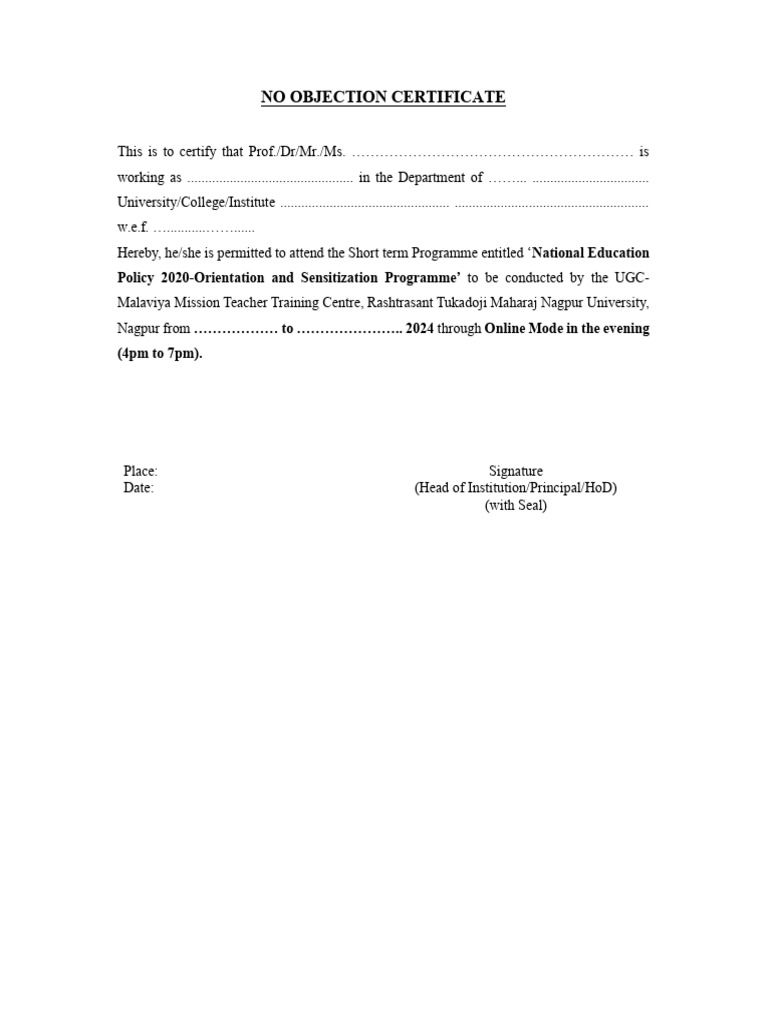 No Objection Certificate for Training | PDF