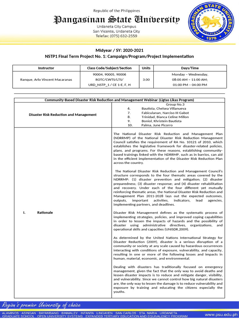 NSTP Final Term Project No.2 CE 1F Group 3 | PDF | Vulnerability | Hazards