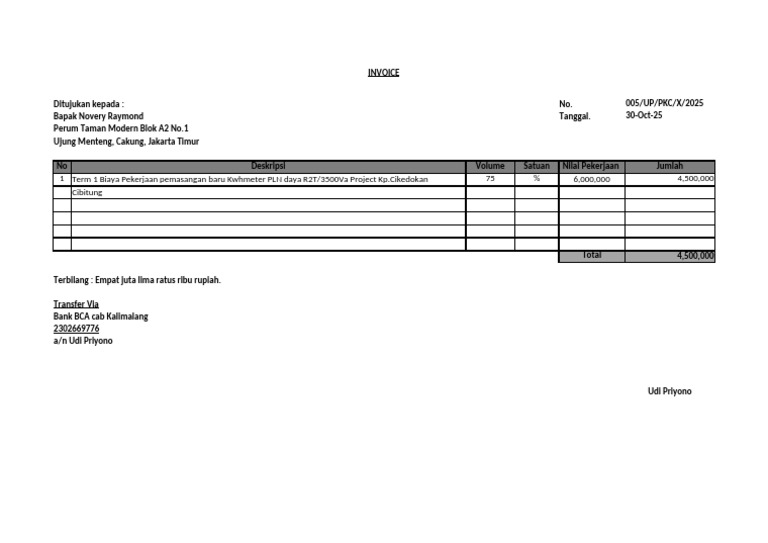 Invoice Pemasangan Kwhmeter PLN 3500Va | PDF