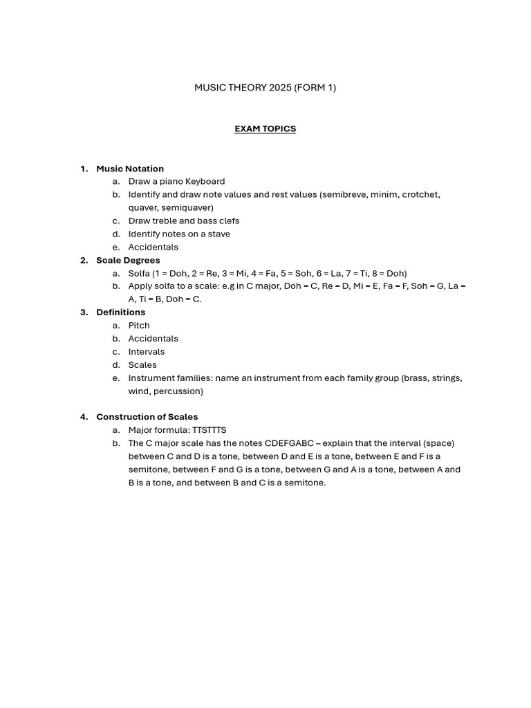 Music Theory 2025 Exam Topics and Questions (Form 1) | PDF