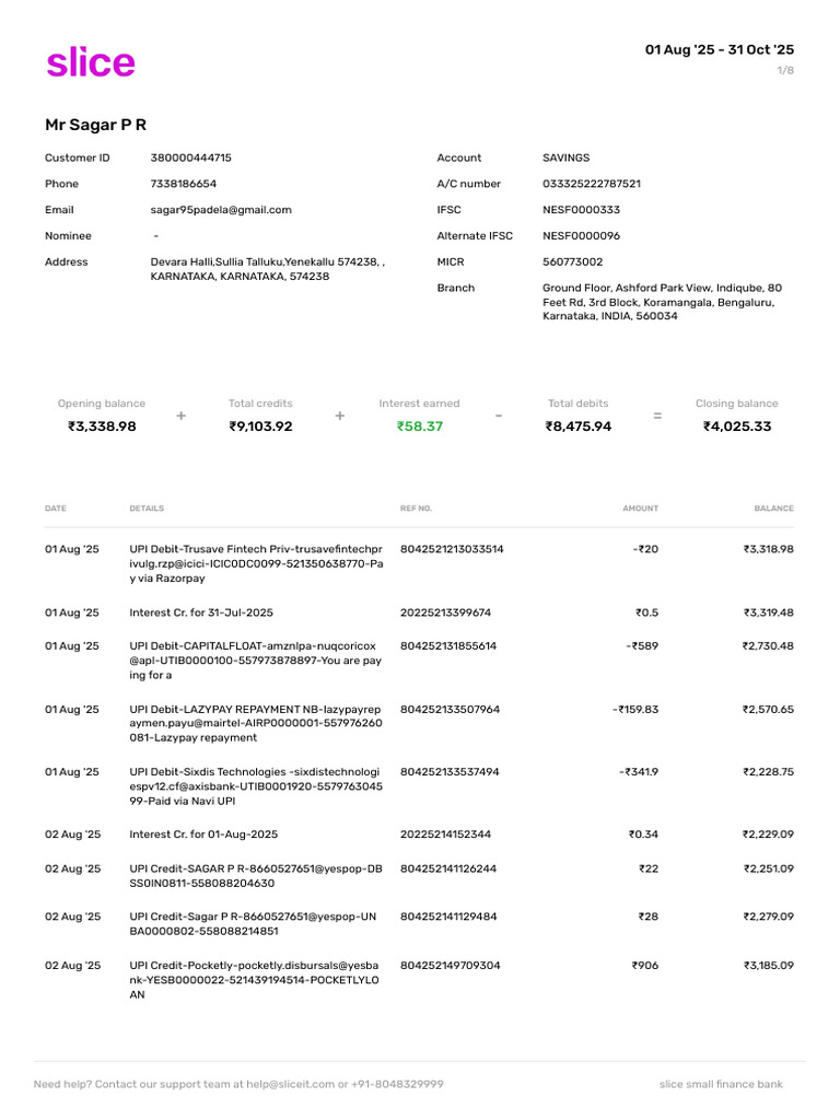 Slice Statement 01aug25 31oct25 | PDF | Financial Technology | Finance ...