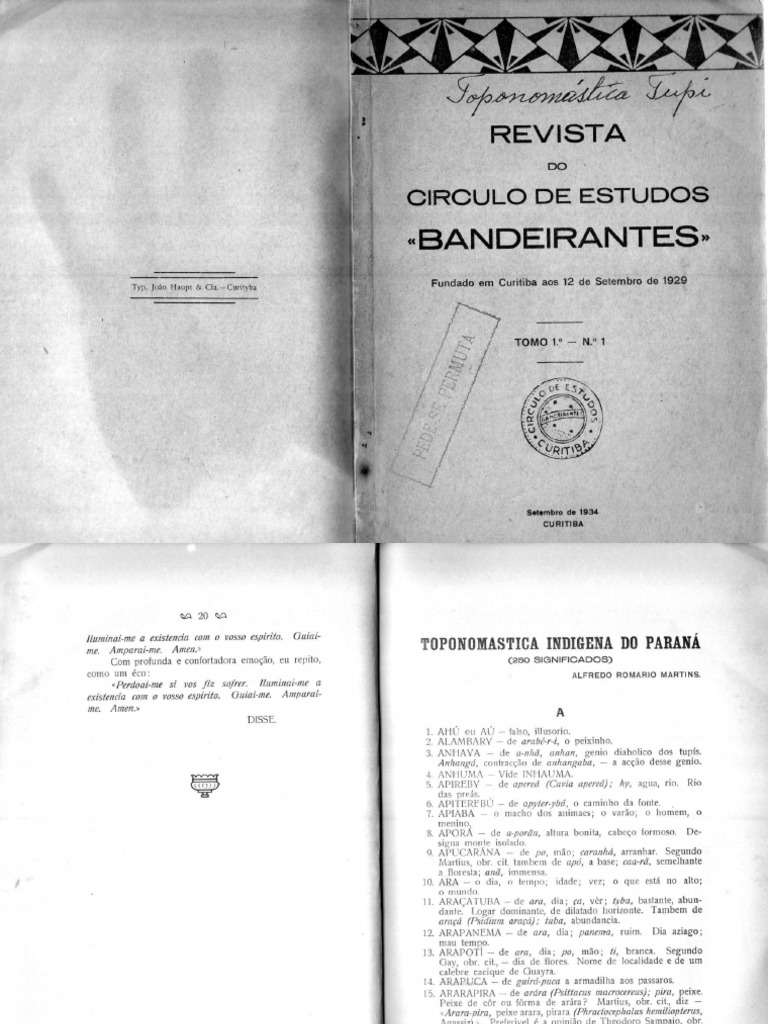 MARTINS. Alfredo Rom Íro. Toponomastica Indigena Do Paran Í - 1934 | PDF