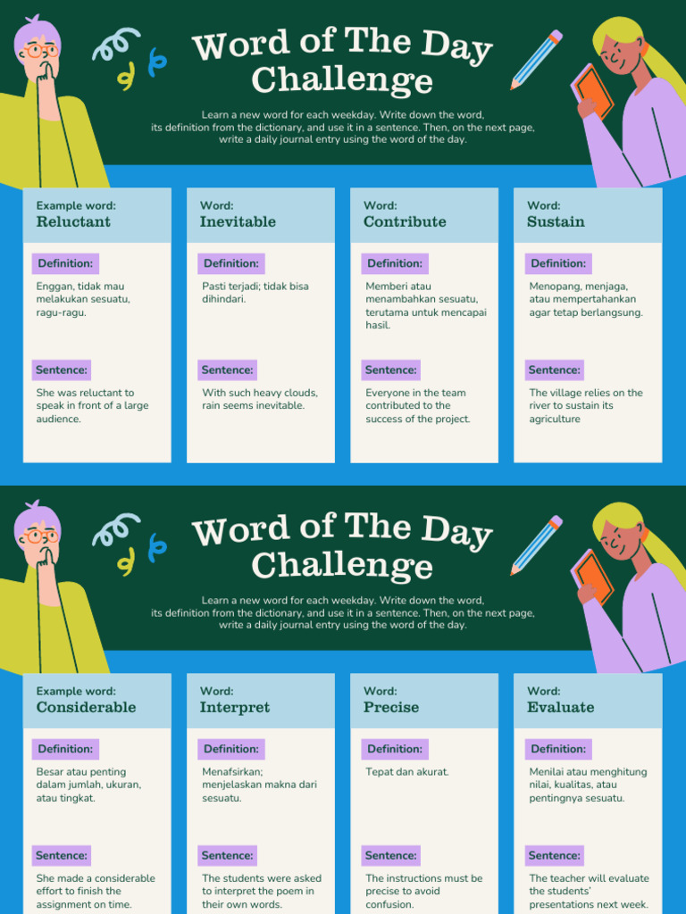 DAY 1 Word of The Day Challenge Worksheet in Blue Green Flat Graphic ...